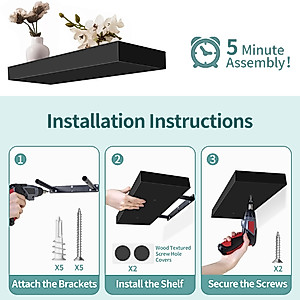 LaVie Home Floating Shelves, 15.6 Inch Wall Shelf Set of 3, Hanging Shelf with Invisible Brackets, Wall Decor for Bathroom, Bedroom, Living Room, Kitchen Storage, Classic Black