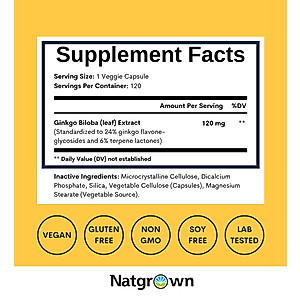 Natgrown Ginkgo Biloba 120mg - Extra Strength Ginkgo Biloba Extract Capsules - 120 Count