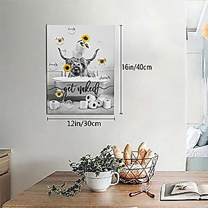 WALLOHERE Bathroom Canvas Wall Art Black And White Artwork Farm Highland Cow In Bathtub With Sunflower Picture Print Modern Giclee Decor For Decoration Ready To Hang 12x16 Inch, 12 x 16 in