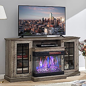 AMERLIFE 59'' Fireplace TV Stand, 3-Sided Glass Fireplace Rustic Media Entertainment Center Console Table for TVs up to 65'' with Glass Door Closed Storage, Wash Gray