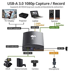 SIIG USB 3.0 HDMI A/V Capture Card with 4K60 Loop Out, HDMI 4K60 Capture USB 3.0 1080p Record,Audio Extract & Microphone,for DSLR Camcorder Live Streaming,Video Conference,TAA Compliant CE-H26H11-S1