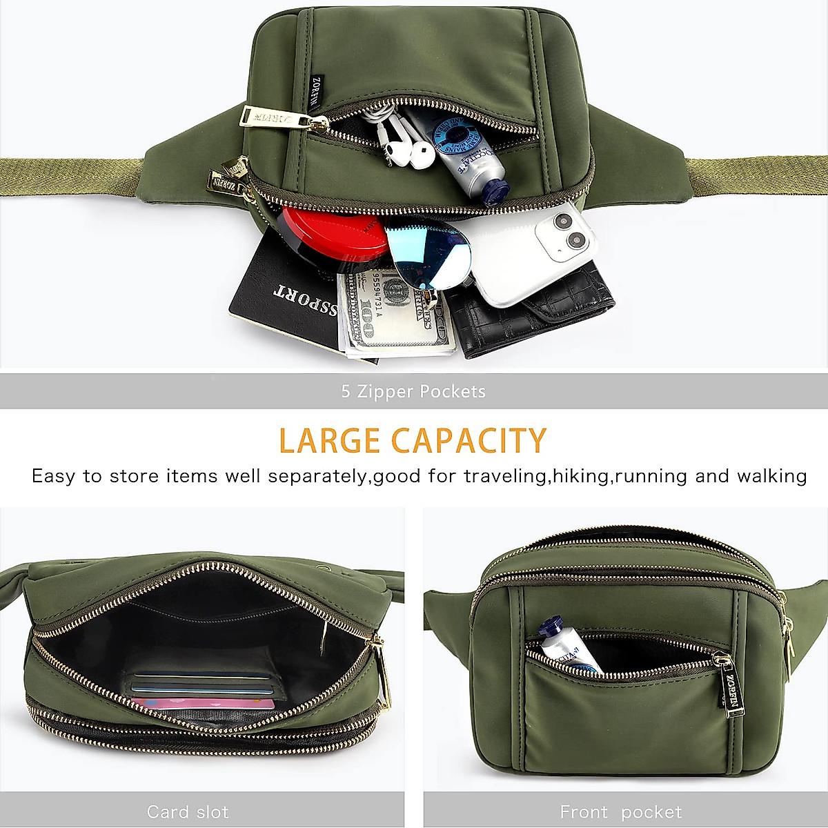 ZORFIN Fanny Packs for Women Men, Fashion Waist Pack Belt Bag with 5 Zipper Pockets Adjustable Belt, Casual Hip Bum Bag for Travel Shopping Hiking Cycling Running (Green)