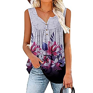 MODARANI Gray Sleeveless Tops for Women Floral Pleated Tunic Flowy Cami Shirt L