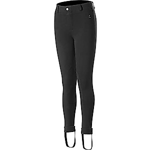 HORZE Nora Girls Riding Pants | Pull-on Kids Equestrian Leather Knee Patch Jodhpur Breeches - Black - M