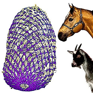 Majestic Ally 1.25”x1.25” Holes Ultra Slow Feed 40” Very Sturdy Hay Net with Bottom Ring for Horses, Nylon Rope Hanging, Adjustable Travel Feeder for Trailer and Stall, Reduces Waste (Purple)