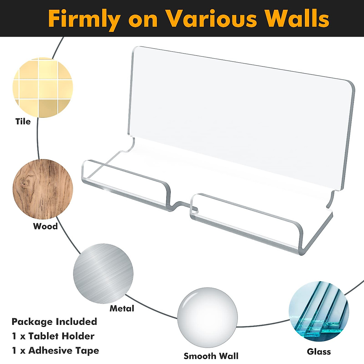 Kamehame Tablet Wall Mount Holder, Acrylic Material, Hand Free, for Smartphones, Tablets, eReader, Clear & Silky White