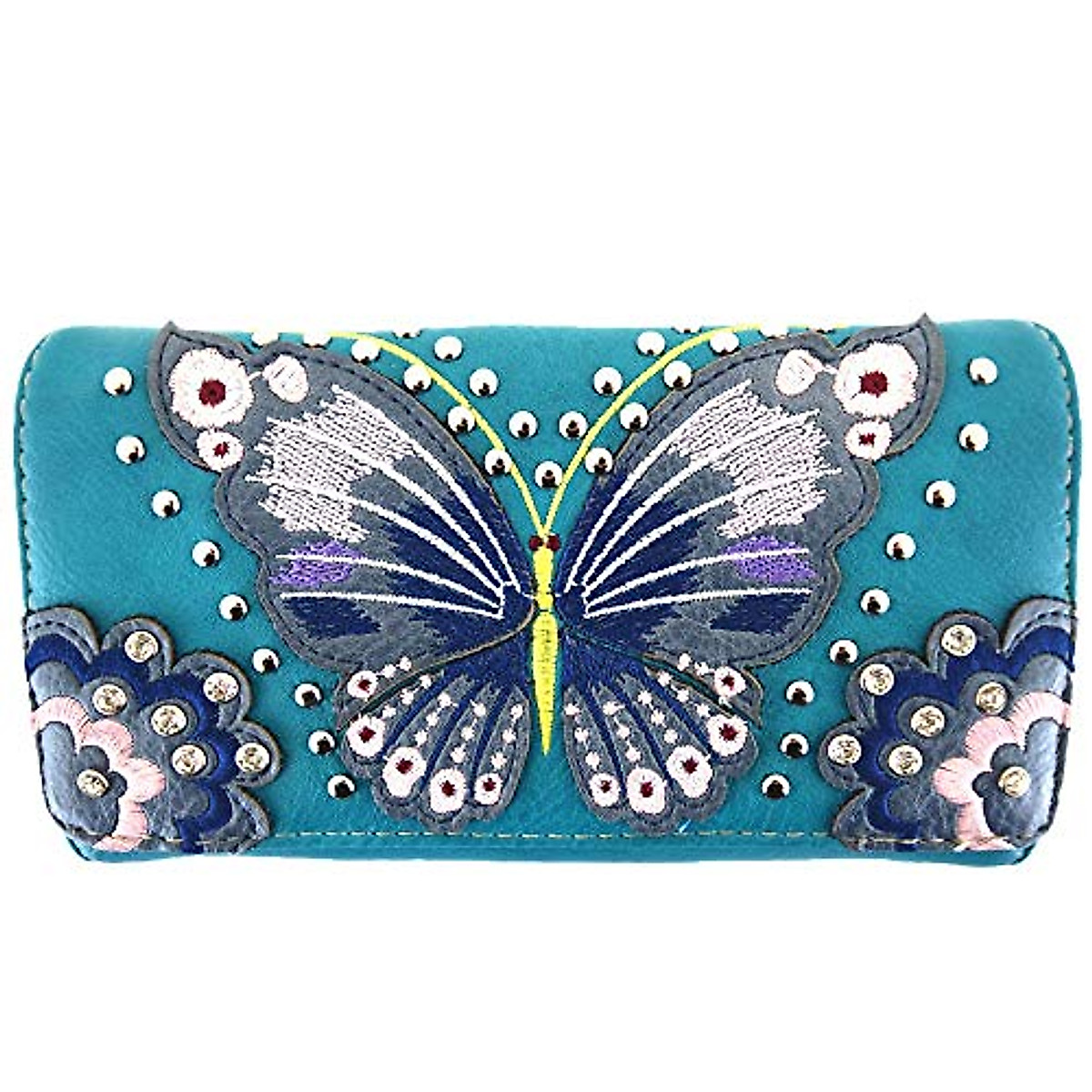 Western Style Springtime Embroidery Butterfly Totes Purse Country Handbag Women Shoulder Bag Wallet Set (#3 Turquoise)