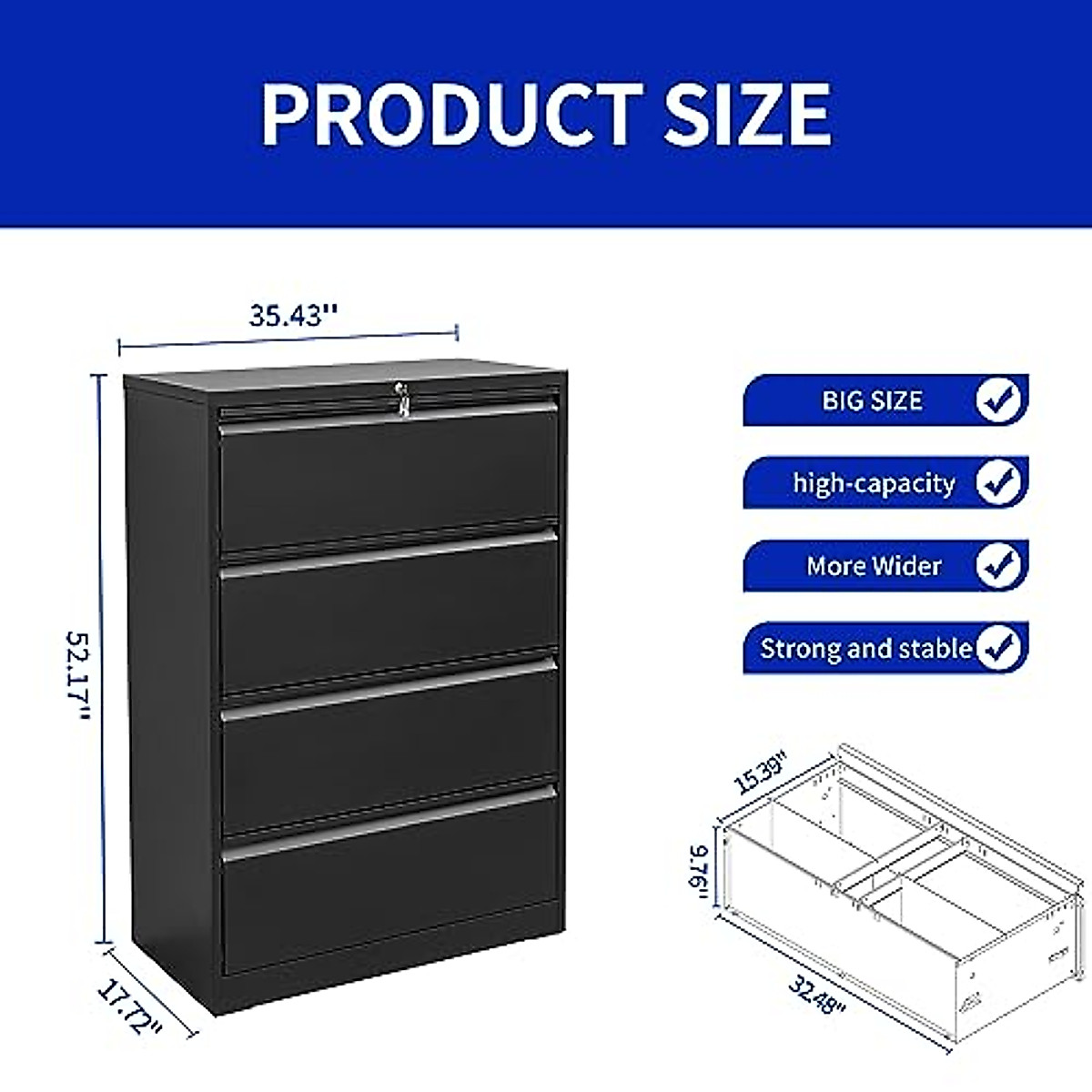 LVSTEEL Lateral File Cabinet with Lock,4 Drawer Stainless Metal Lateral Filing Cabinets, Home Office Storage Cabinets for Organization, Hanging Letter/Legal/A4,Anti-tilt Structure, Black