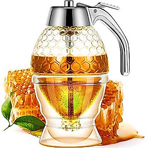 Acrylic Honey Dispenser with Stand Honey Comb Shaped Honey Pot, Syrup and Sugar Jar Pot, No Drip Honey Dispenser with High Capacity Honey Pourer Dispenser
