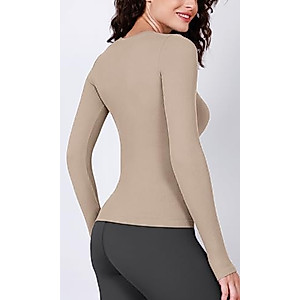 ODODOS 2-Pack Seamless Long Sleeve Tops with Thumb Hole for Women Crew Neck Ribbed Tee Workout Yoga Shirts, Black+Dark Grey, Small