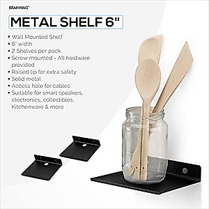 BRAINWAVZ 2-Pack 6" Floating Metal Wall Shelf for Books, Organizer, Speakers, Plants, Cameras, Books, Decor Display, Storage, Routers & More Wide Universal Holder Shelf (Black)