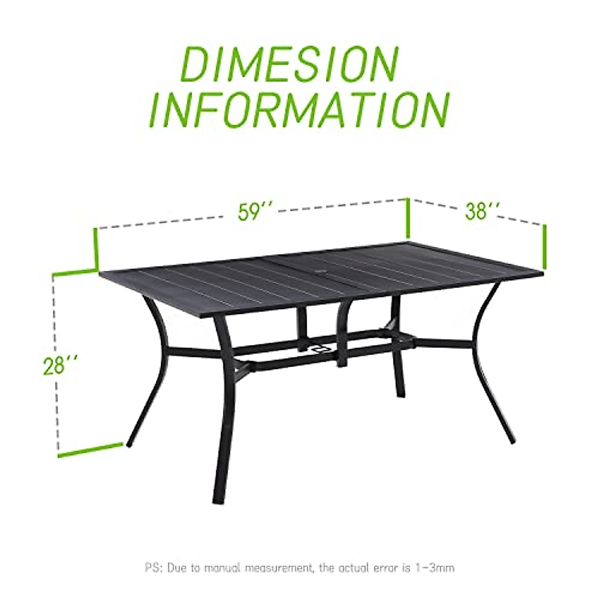 VICLLAX Outdoor Patio Dining Table for 6, 59"x 38" Metal Slatted Tabletop with Umbrella Hole for Patio Lawn Deck