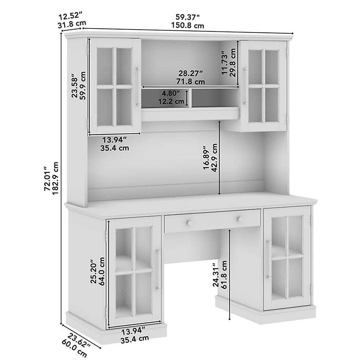 Bush Furniture Westbrook 60W Computer Desk with Hutch and Storage in White Ash | Farmhouse Desk for Home Office Workspace