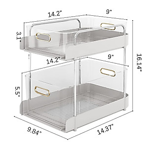 OLizee® 2 Tier Pull Out Organizer Acrylic Under Cabinet Drawer Organizer Sliding Drawer Storage Bins Slide-out Basket Under Sink Organization Shelf for Bathroom Kitchen Office White