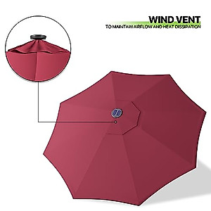 Magshion 9FT Solar Patio Umbrella with 32 LED Lights, Outdoor Market Umbrella with 8 Steel Ribs & Crank Lift, Windproof Sunshade for Garden, Deck, Backyard & Pool (Burgundy)