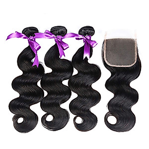 Hair Extensions, Wigs & Accessories Peruvian Body Wave 3 Bundles With 4 * 4 Closure Free Part 100% Human Hair Non Remy Human Hair Wave for Women (Length : 18 20 20Cl16, Part Design : FREE PART)