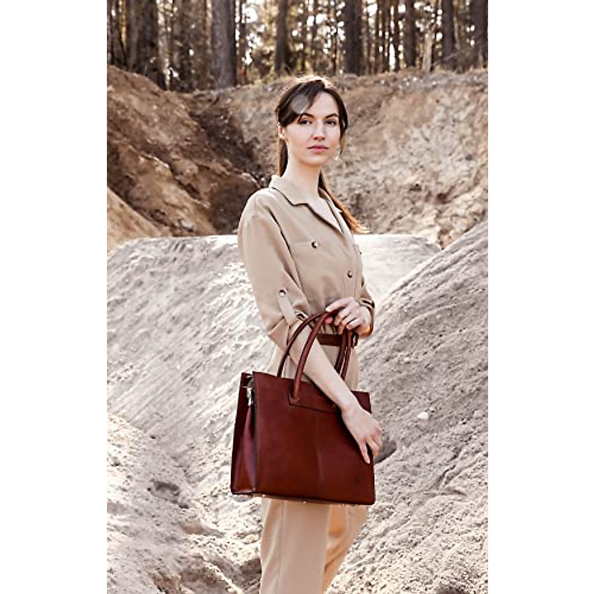 Time Resistance Leather Handbag - Top Handle Bag - Full-Grain Leather Tote Bag - Purse for Women (Cognac)