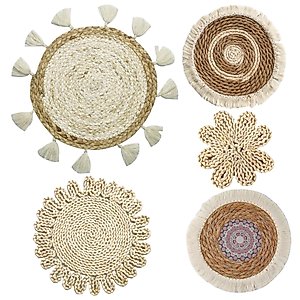 Woven Wall Basket Boho Wall Art 5PCS Round Bohemian Macrame Wall Hanging Straw Wall Decor 8in/10in/12in/15in Wall Basket Decor for Living Room