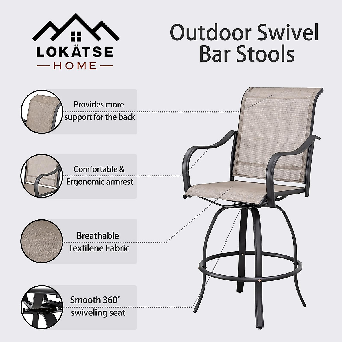 LOKATSE HOME Outdoor Swivel Bistro Stool Set of 6, Patio Metal Frame Furniture Textilene Bar Height Armchairs for Balcony, Poolside, Backyard, Garden