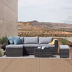 Patiorama 7 Pieces Outdoor Patio Furniture Set, Outdoor Sectional Conversation Set, All Weather Grey Wicker Rattan Sofa Set, W/Glass Table, Two Assembled Ottomans, Light Grey Cushions