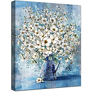 yiijeah Bathroom Wall Decor Canvas Prints Flower Art White and Blue Pictures for Bedroom Wall Decorations Framed for Office Guest Room Blue Kitchen Decor Size 17x13 Inch Bathroom Decor