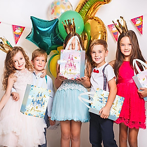 Locmeo 24 Pcs Prince and Princess Party Favor Bags with Handles Reusable Non Woven Castle Candy Goodie Bags Treat Blue Prince Pink Princess Gift Bag for Girl Boy Birthday Baby Shower, 8 x 4 x 10 Inch