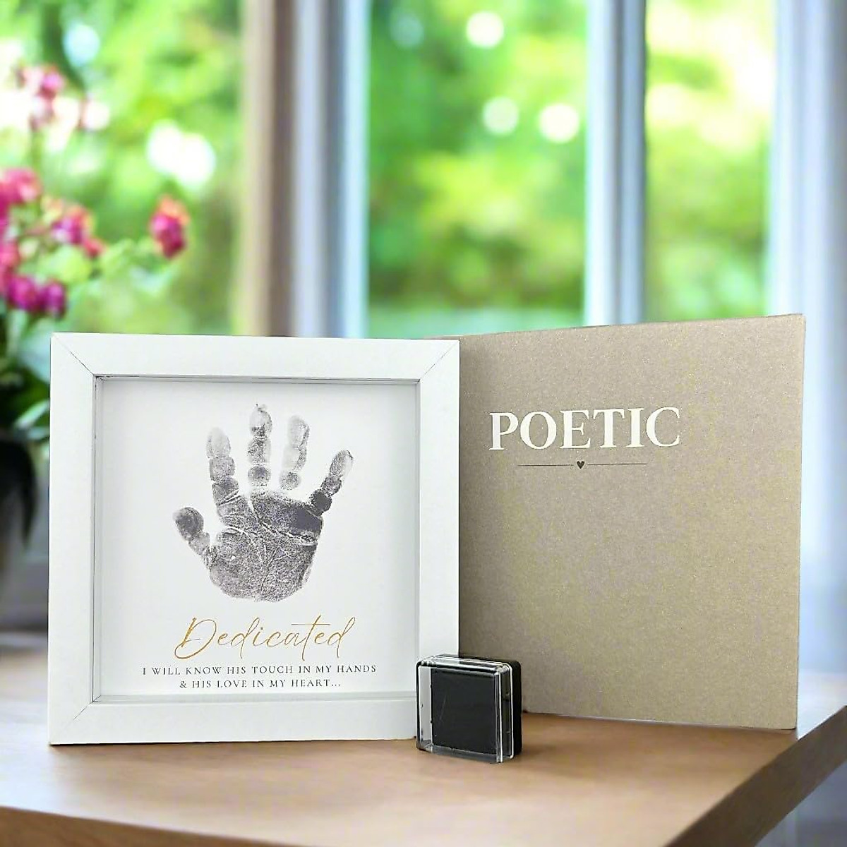 The Grandparent Gift Company- White Shadowbox Frame 6 x 6 Table or Shelf Frame with “Dedicated” Sentiment- Baby Handprint Dedication Gifts
