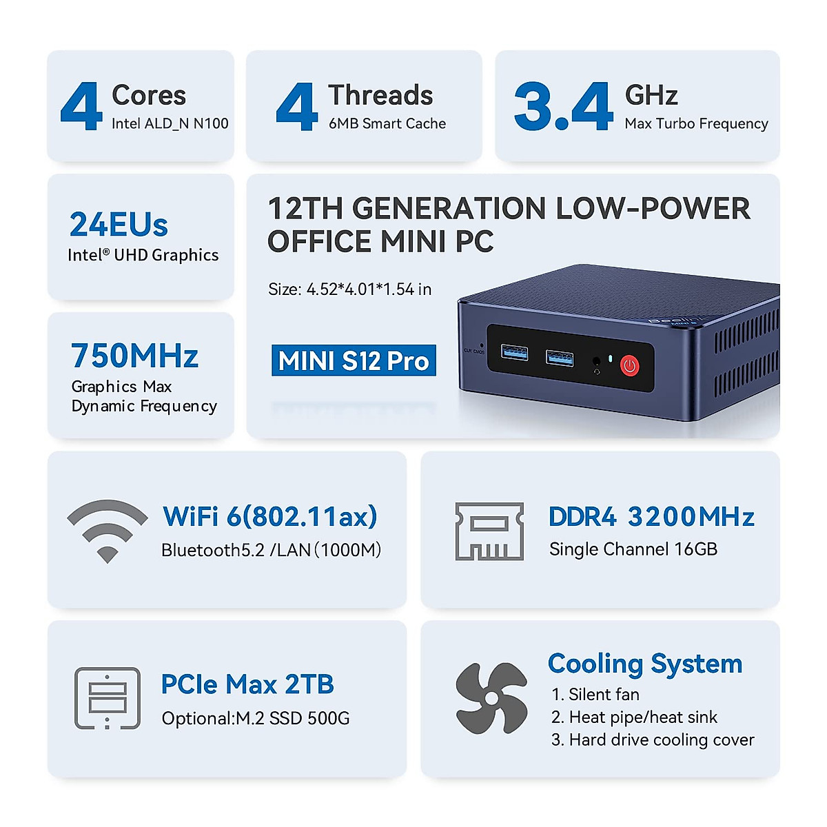 Beelink S12 Pro Mini PC, Newest 12th Gen Intel N100(4C/4T, Up to 3.4GHz, TDP 6W), 16GB DDR4 RAM 500GB PCIe x1 SSD, Mini Desktop Computer Support Dual HDMI 4K@60fps Output/WiFi6/BT5.2/USB 3.2, HTPC/ROS