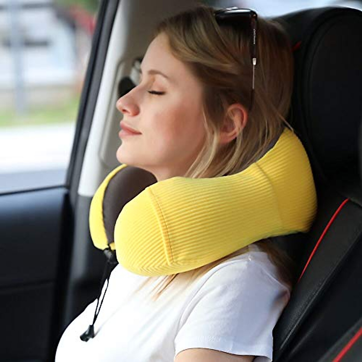 Travel Pillow Memory Foam with 360-Degree Head Support Comfortable Neck Pillow with Storage Bag Lightweight Traveling Pillow for Airplane, Car, Train, Bus and Home Use (Yellow)