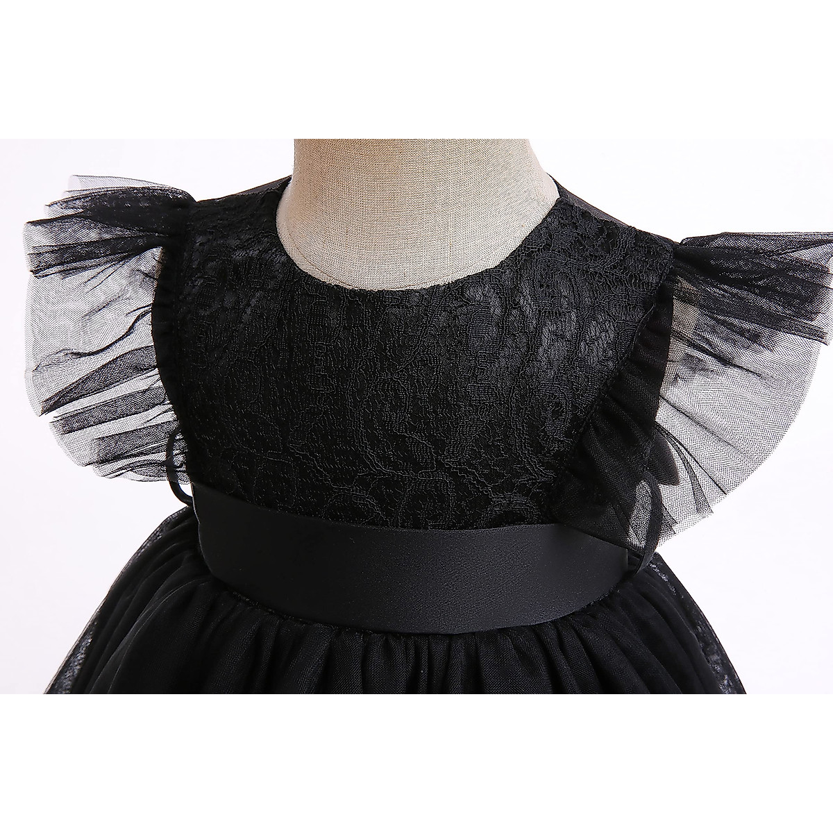 Weileenice Black Flower Baby Girl Tulle Dress 6M/ 6-12 Flutter Sleeve Sheer Back Newborn Girls 1st Birthday Party Wedding Outfit Lace Bow Headband Toddler Photo Shoot Formal Tutu Dresses Christmas