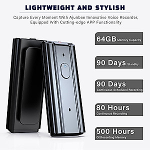 Ajunbee 64GB Smart Voice Recorder, Voice Activated Recorder with App, 800 Hours Recording Capacity, 60 Hours Continuous Recording,Enhanced AI Noise Canceling, Recording Device for Meeting, Lecture