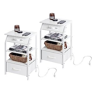Labcosi White Nightstands with Fabric Drawer, 25" Tall Bedside Table with Charging Station, Bedroom End Tables and Dresser, 2 Pack