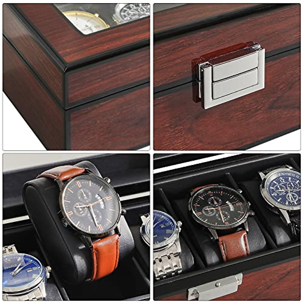 IBUYKE Watch Box with Removable Watch Pillow 6 Slots Solid Wood Watch Display Case for Mens Jewelry Organizer with Large Glass Lid JWB006H