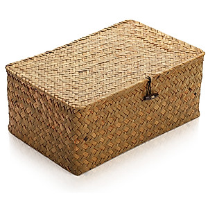 Yesland Handwoven Seagrass Rattan Storage Basket - 11.5'' x 7.5'' x 5'' - Brown Rectangular Makeup Organizer Container with Lid, Perfect for Decoration, Picnic, Groceries and Toy Storage