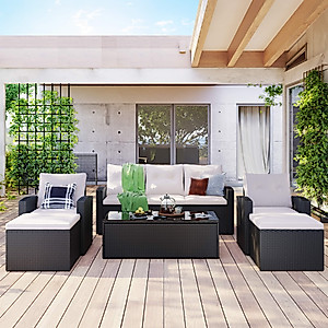 BIADNBZ 6-Piece Patio Furniture Sets with Coffee Table and Ottomans, PE Rattan Outdoor Conversation Sectional Sofa Couch for Garden Backyard Poolside, Black Wicker+Beige Cushion