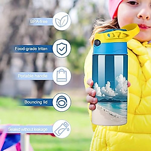 Stainless Steel Water Bottles White Beach Tropical Sea Travel Water Cups with Handle And Silicone Straw Drinking Cup with Leak Proof Lid Thermo Travel Mug for Women Men