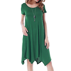 Invug Women Casual Loose Soft Crewneck Short Sleeve Pockets Swing T-Shirt Zigzag Hem Dress Dark Green S