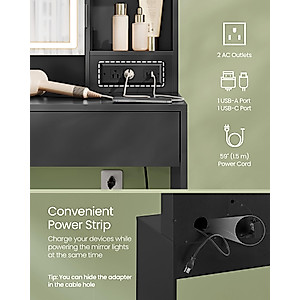 VASAGLE Vanity Desk with Power Outlets, Makeup Vanity with Mirror and Lights, Upholstered Vanity Stool, Dimmable LED Lights, 6 Compartments, 2 Drawers, for Bedroom, Ink Black URDT031B01