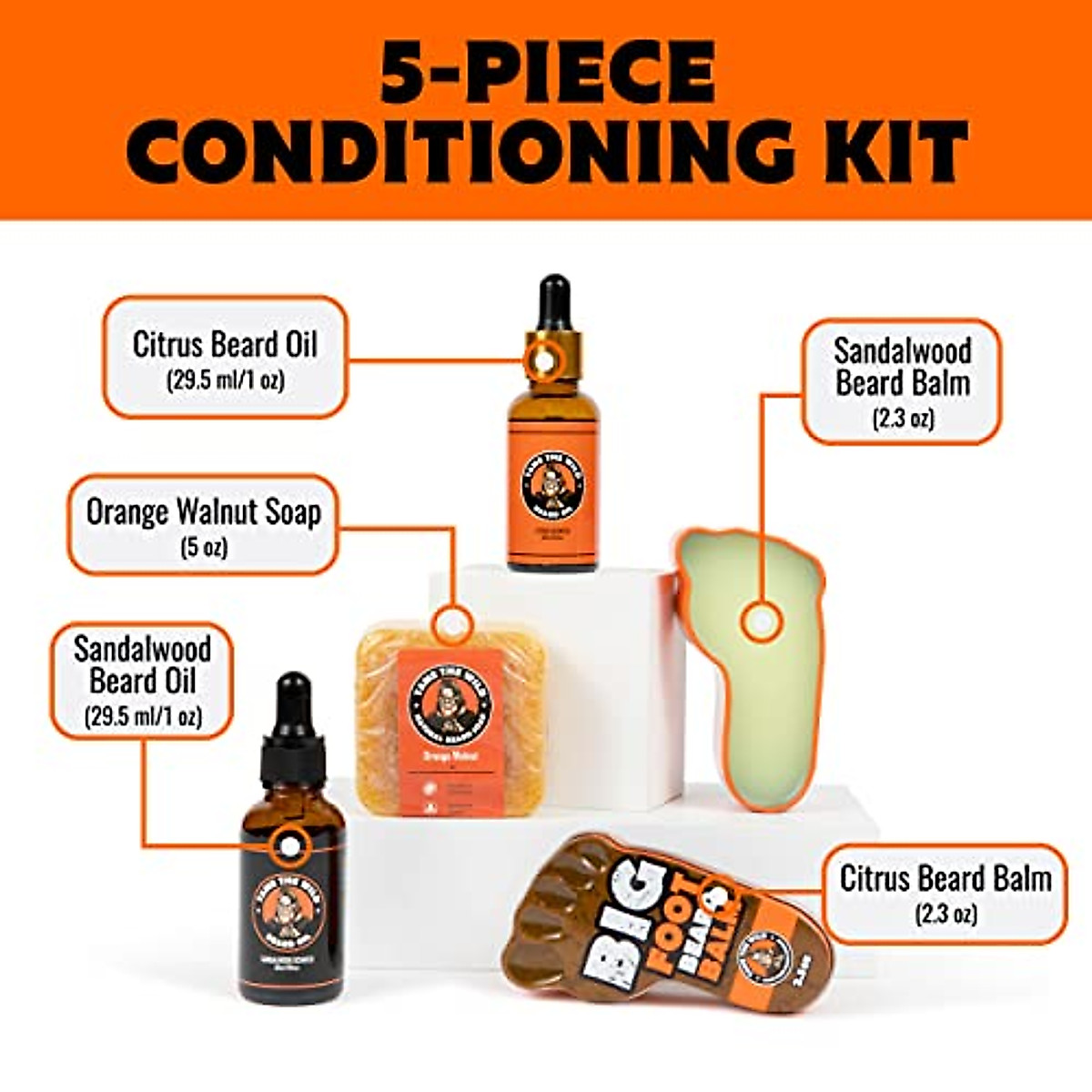 Tame the Wild's Deluxe Beard Grooming Kit - Includes Orange Walnut Beard Wash, Two Premium Beard Oils, & Two Beard Balms in Sandalwood & Citrus Scents - Beard Growth Kit for Men - Gift Set