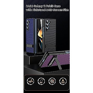 BAILI Galaxy Z Fold5 Case with Kickstand,Carbon Fiber Finish and Glass Back Z Fold5 Cover with HD Screen Film,Support Wireless Charging Shell for Samsung Galaxy Z Fold5-Blue