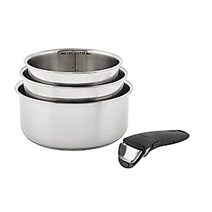 T-fal Ingenio Stainless Steel Cookware Set 4 Piece Induction Stackable, Detachable Handle, Removable Handle, RV Cookware, Cookware, Pots and Pans, Oven, Broil, Dishwasher Safe Silver