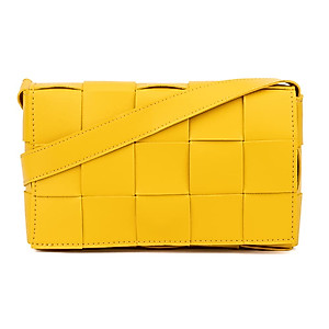 Olivia Miller Women's Fashion Ainsly Yellow Mustard Woven Faux PU Leather w Front Flap, Small Cassette Crossbody Bag w Adjustable Shoulder Strap, Casual Trendy Purse Handbag