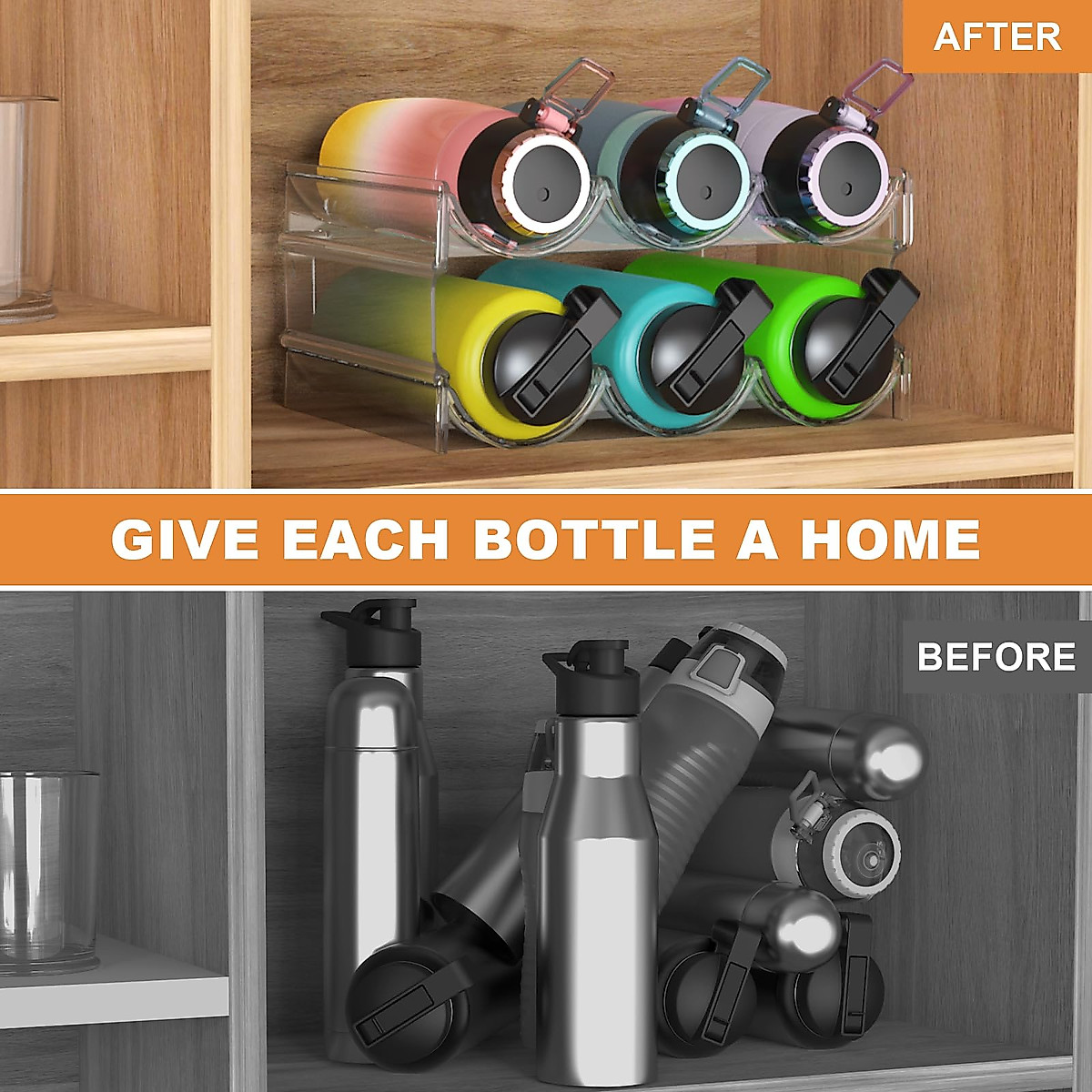 Plastic Water Bottle Organizer and Wine Rack Storage Holder,2 Tier 6 Containers Stackable Free-Standing Bottle Storage Rack for Kitchen Countertops, Table Top, Pantry, Bars, Cabinets, Fridge - Clear