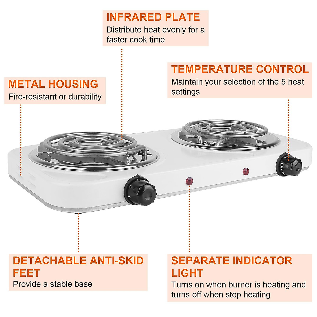 Countertop Burner, Electric Double Burners 2000 Watts, Hot Plate Cooktop with 5 Temperature Control, Non Slip Rubber Feet, Portable Coil Heating Stove Countertop RV Hotplate for Home or Dorm(White 2)