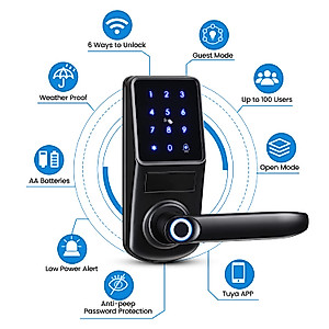 LOQRON Smart Fingerprint Door Lock, Security Keyless Entry Door Lock with Reversible Handle, Bluetooth Electronic Deadbolt Lock, App Control, Anti-Peep Digital Door Lock for Home Office - Black