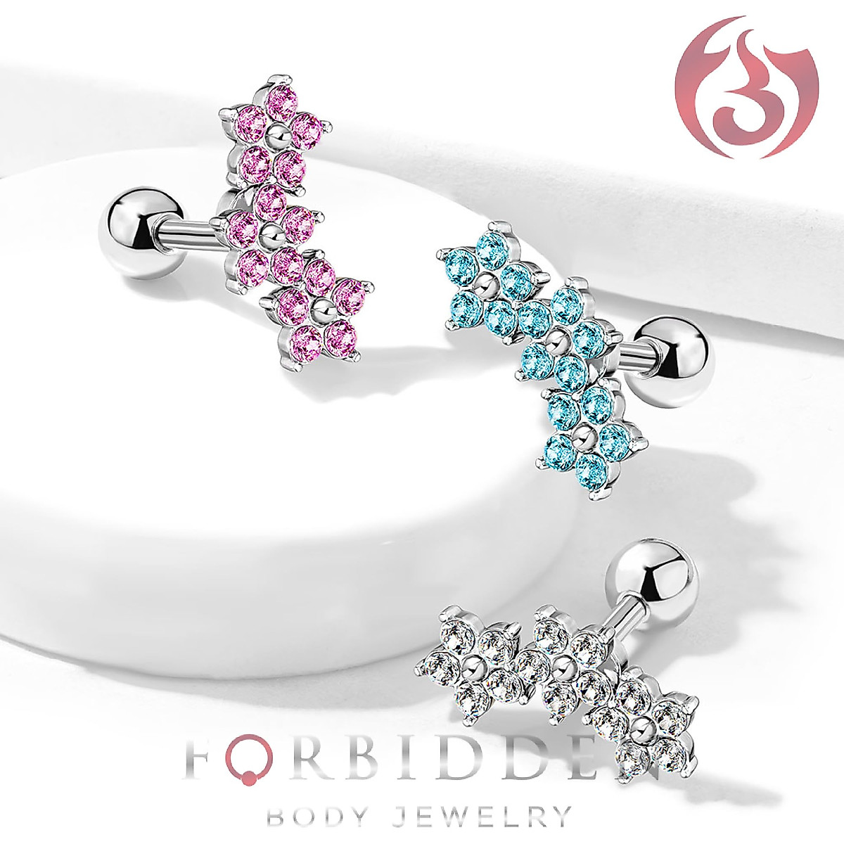 Forbidden Body Jewelry 16g 6mm Surgical Steel Stud for Cartilage, Tragus, & More w/Triple Crystal Floral Cluster, Aqua