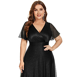 Ever-Pretty Plus Women's Plus Size V-Neck Wrap Short Flutter Sleeves Long Dress for Woman Black US24