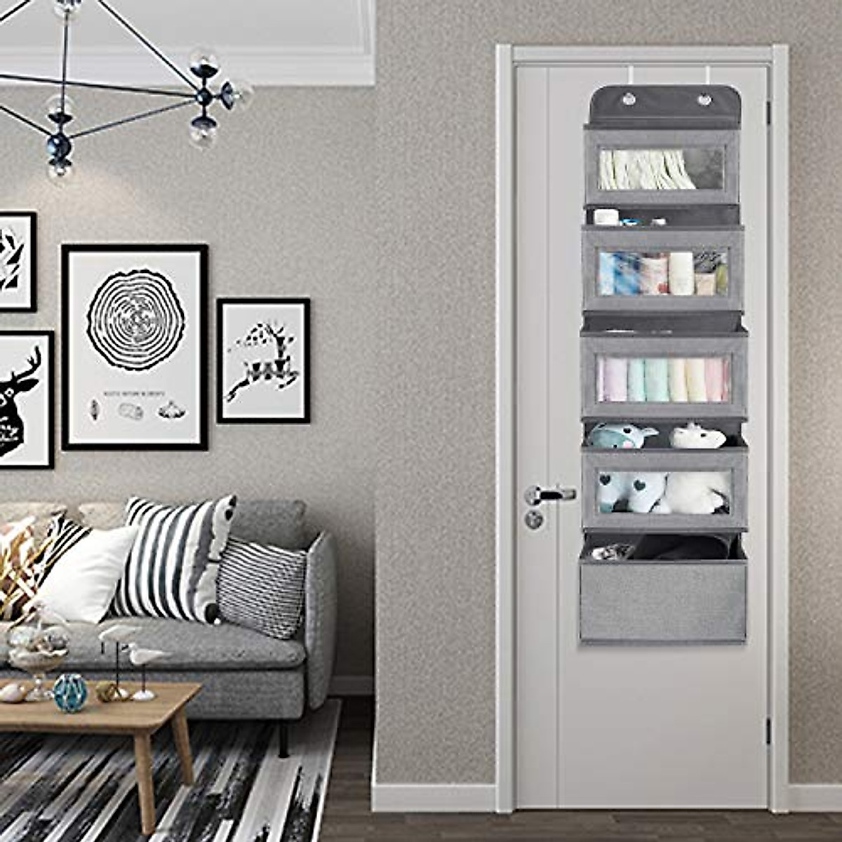 homyfort Over the Door Hanging Organizer Storage with 5 Large Pockets,Wall Mount Storage with Clear Windows and 2 Widened Metal Hooks for Pantry,Nursery,Diapers,Bathroom,kitchen,Closet,Dorm(Grey)
