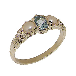 LetsBuyGold 925 Sterling Silver Natural Aquamarine & Cultured Pearl Womens Anniversary Ring - Size 10.5
