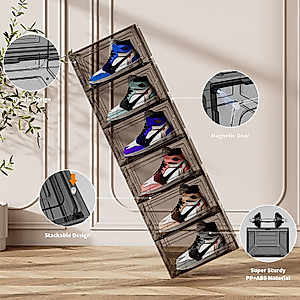Upgraded Thickened Sturdy Large Shoe Boxes Clear Plastic Stackable 8 Pack Shoe Storage Organizer for Closet/Entryway, Drop front Shoe Box with Magnetic Door, Shoe Display Case, Fit up to US size 14
